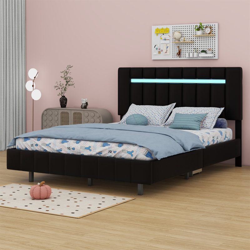 Floating Bed Frame With LED Lights And USB Charging Modern Upholstered Platform LED Bed Frame Black